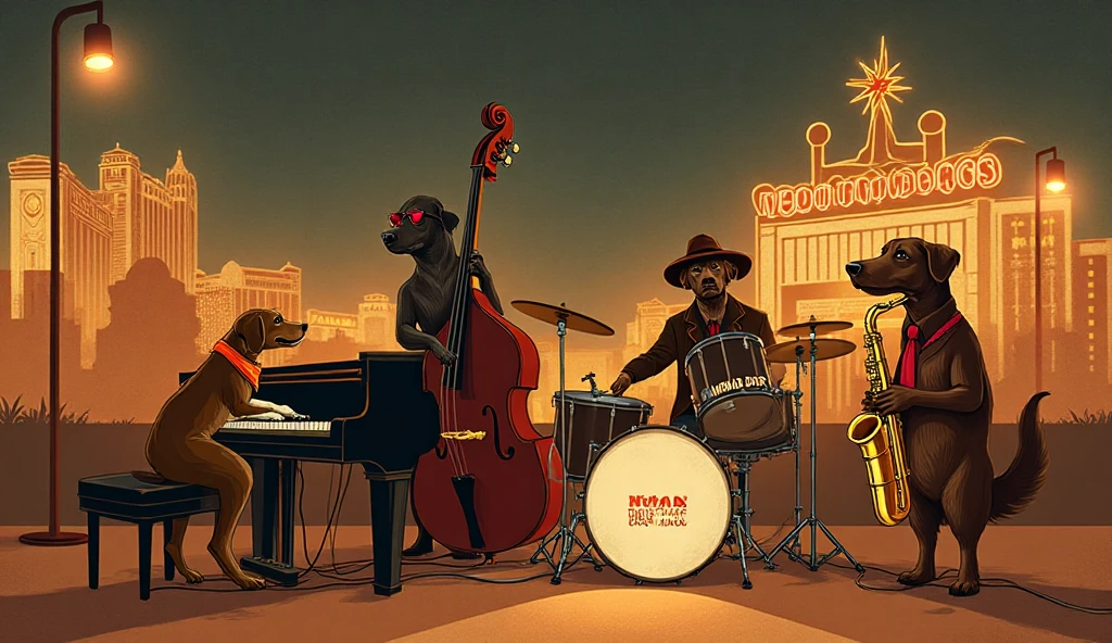 A 2D vintage flat illustration of four stylish anthropomorphic dog jazz ...