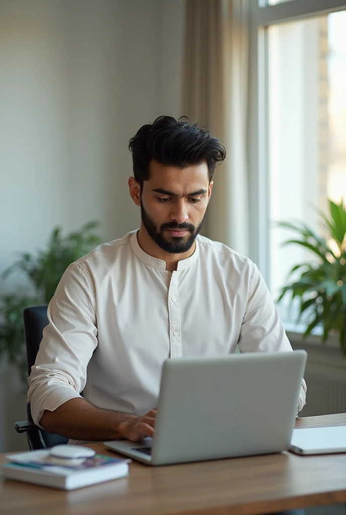 A realistic scene showing a young Pakistani man sitting comfortably at ...