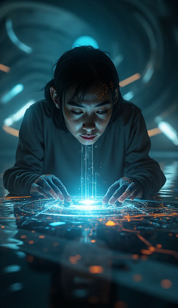 Human with neural implant connected to glowing digital interface ...