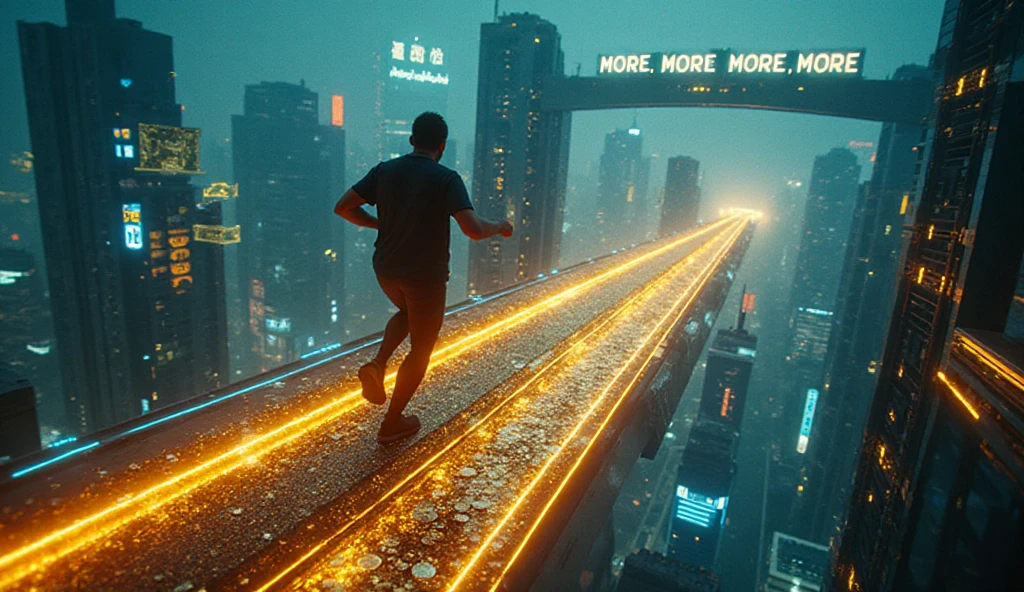 A man runs on a glowing golden treadmill suspended high above a ...