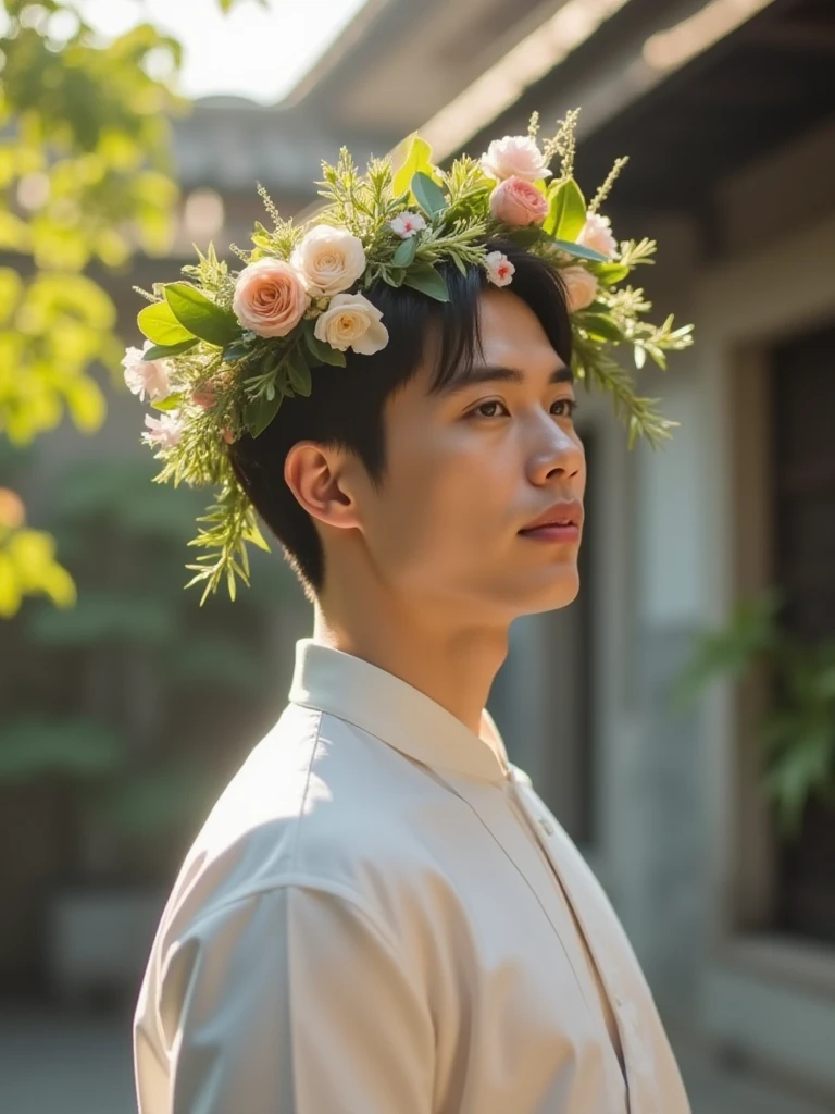 { "prompt": "handsome Vietnamese man wearing a delicate crown made of ...