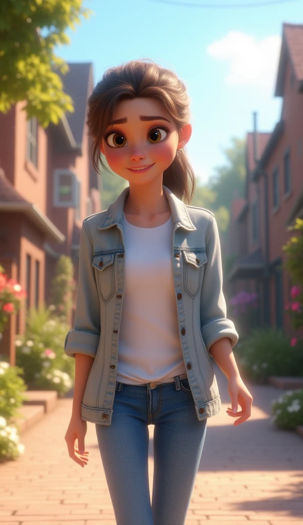 3D animated female character in Pixar/Disney style, casual white t ...