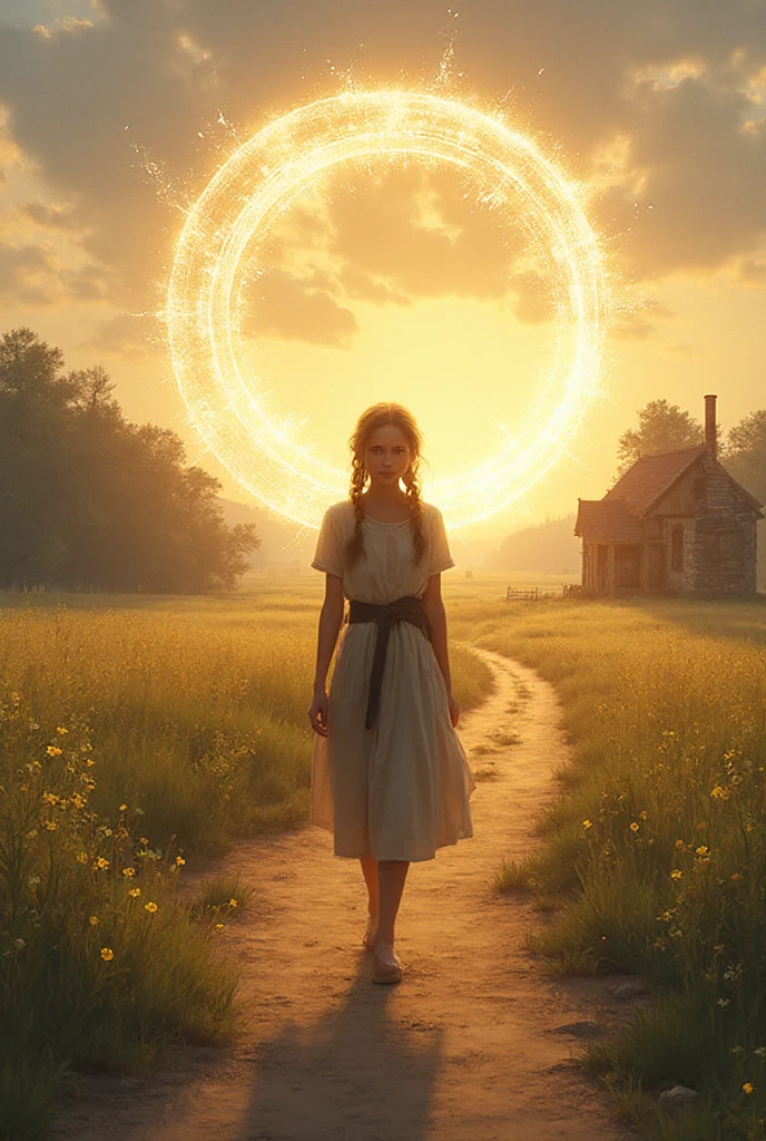 A serene rural landscape at sunrise — golden light spreading across ...