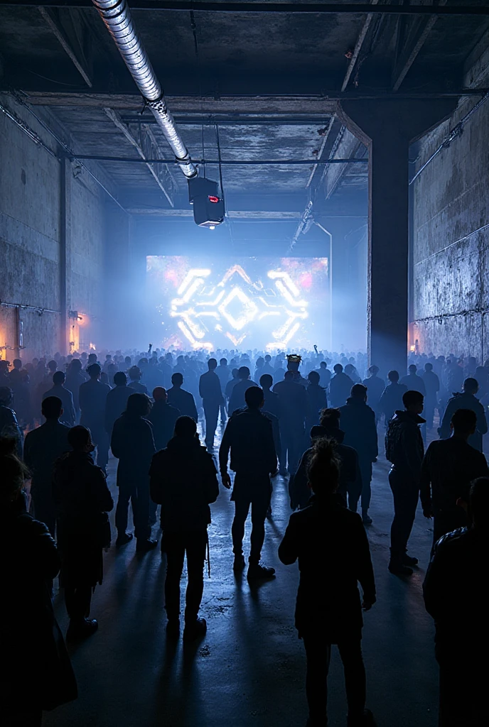 Underground techno party in a former industrial building, a huge ...