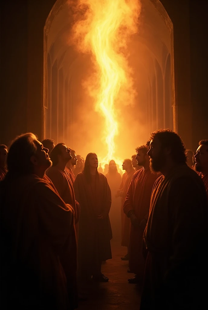 Disciples gathered in a room, tongues of fire above their heads - SeaArt AI