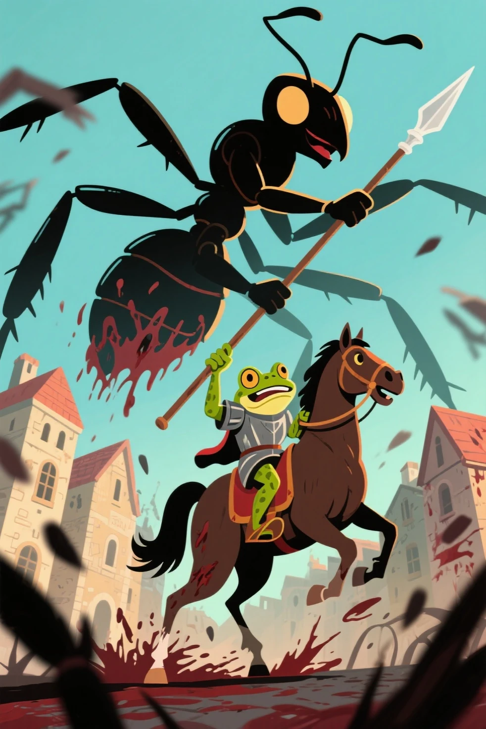 A giant ant attacking a medieval European town, viewed from the ground ...