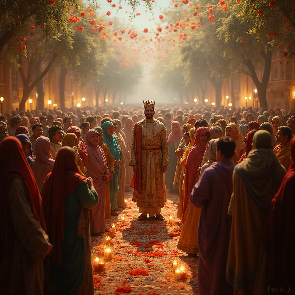A realistic festive scene showing the first Nowruz celebration under ...