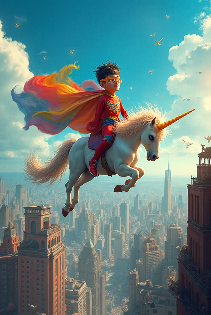 Superhero boy flies on a unicorn over the city in search of a cat ...