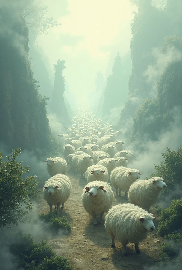 An endless line of sheep wandering through a person's dream - SeaArt AI