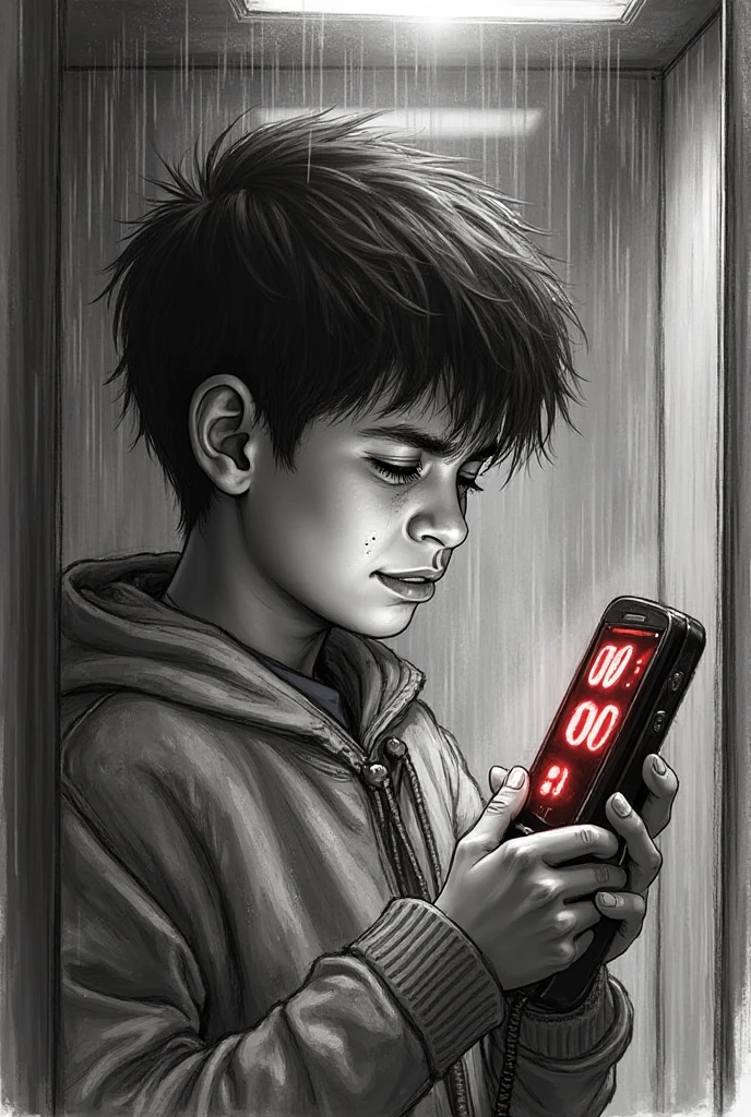 A detailed monochrome sketch of the boy inside the booth, gripping the ...