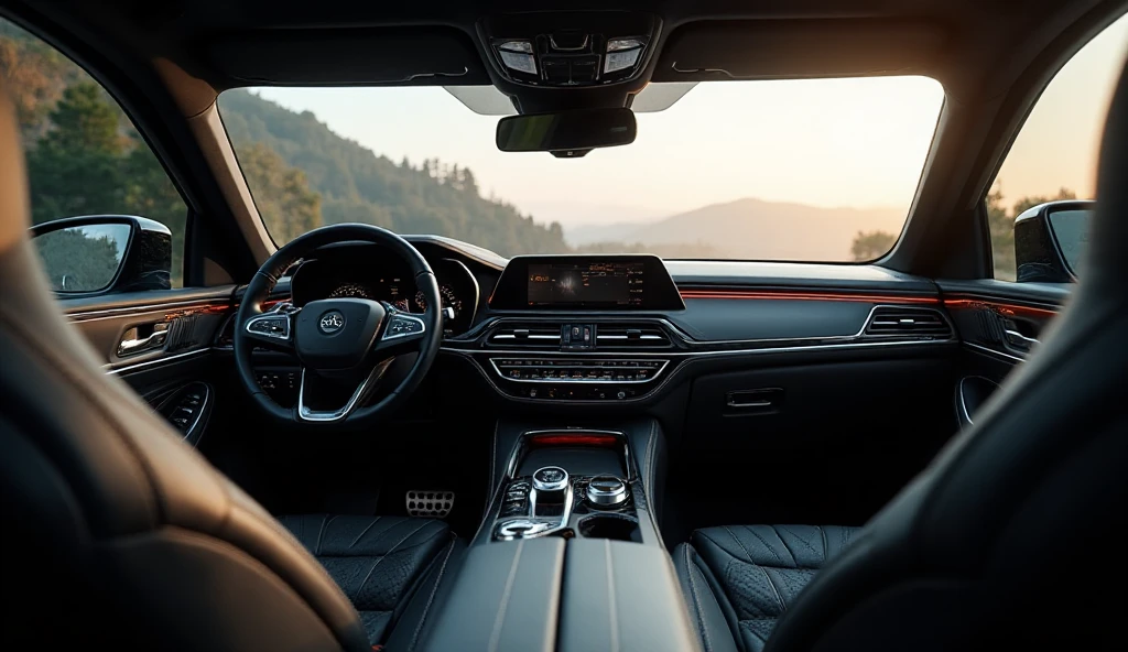 A luxurious, close-up interior shot of a customized high-end black SUV ...