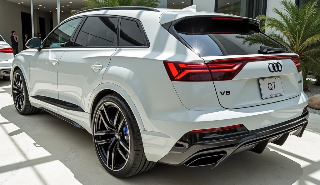 Side rear view of painted white with shiny clour 2026 Audi Q7 in large ...