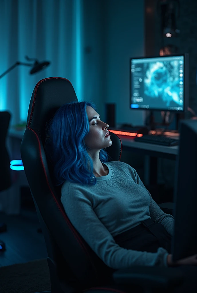 Blue-haired woman, sleeping sitting in a gamer chair , View of the web ...