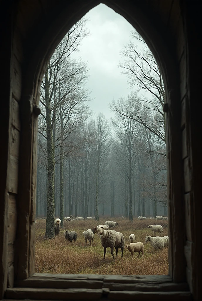 From the view from the wooden window of a church, a forest of dry trees ...