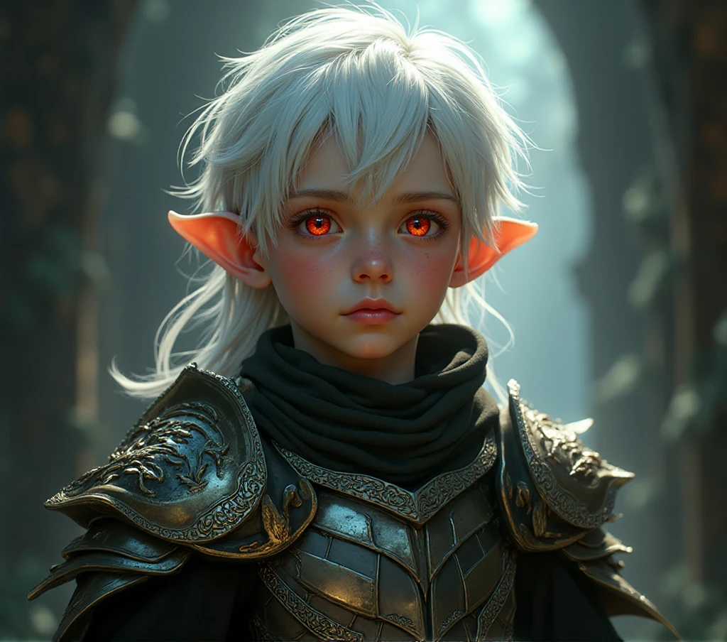 Could you create a half-elf boy with white hair, red eyes and elven ...