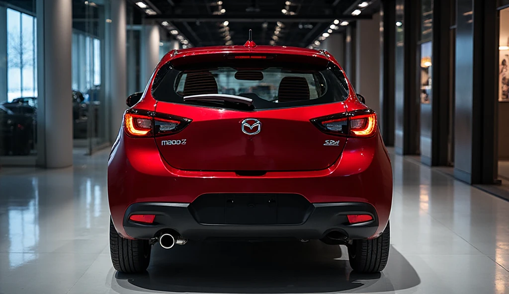 : Rear View in Showroom "2026 Mazda 2 rear three-quarter view in soul ...