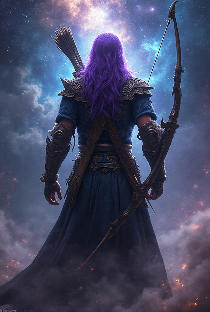 A medieval archer with purple hair, Galactic details and strong - SeaArt AI