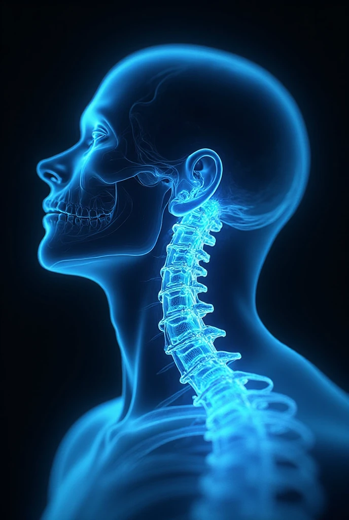 3D animation showing the human neck and upper cervical spine glowing in ...