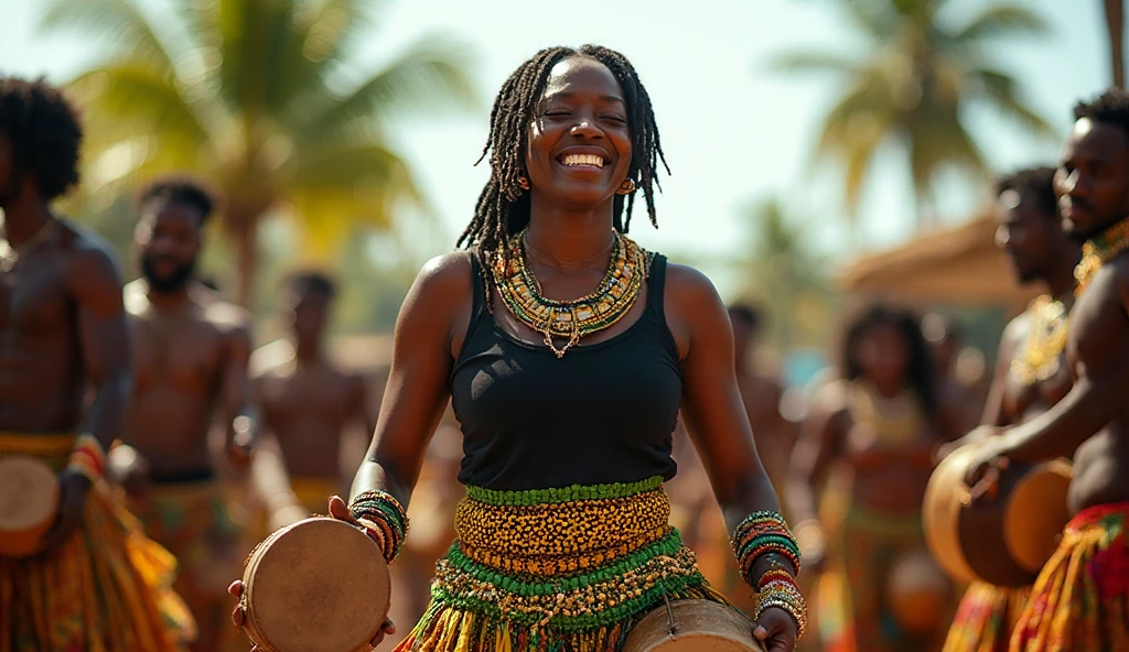 A vibrant image depicts a beautiful black woman, in her late 20s or ...