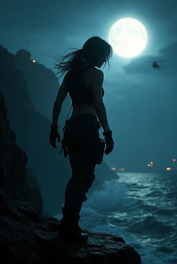Cinematic full-body of Lara Croft on cliff edge under bright moonlight ...