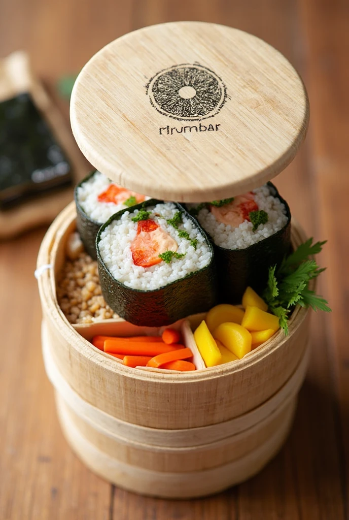 Close-up shot of a two-tier cylindrical food container that is wrapped ...