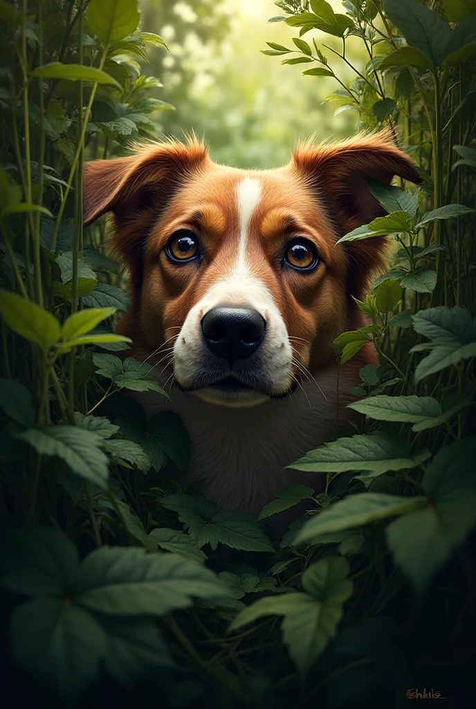 The dog's face looks out among the leaves - SeaArt AI