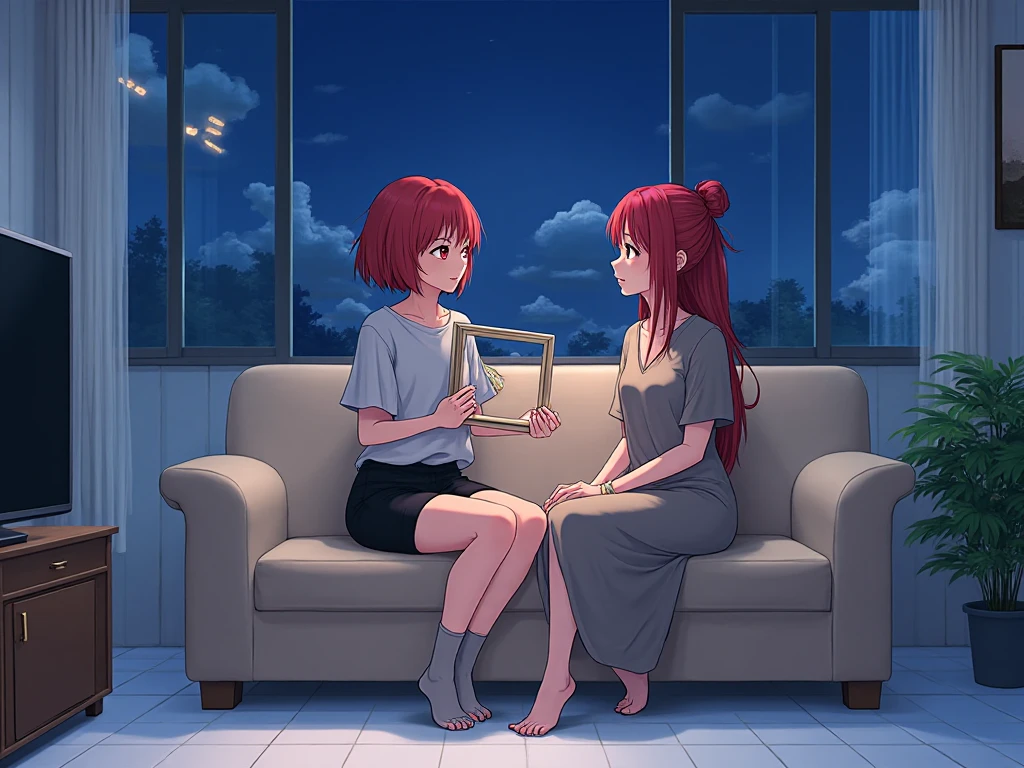 Anime scene set inside the living room of a light blue house with white ...