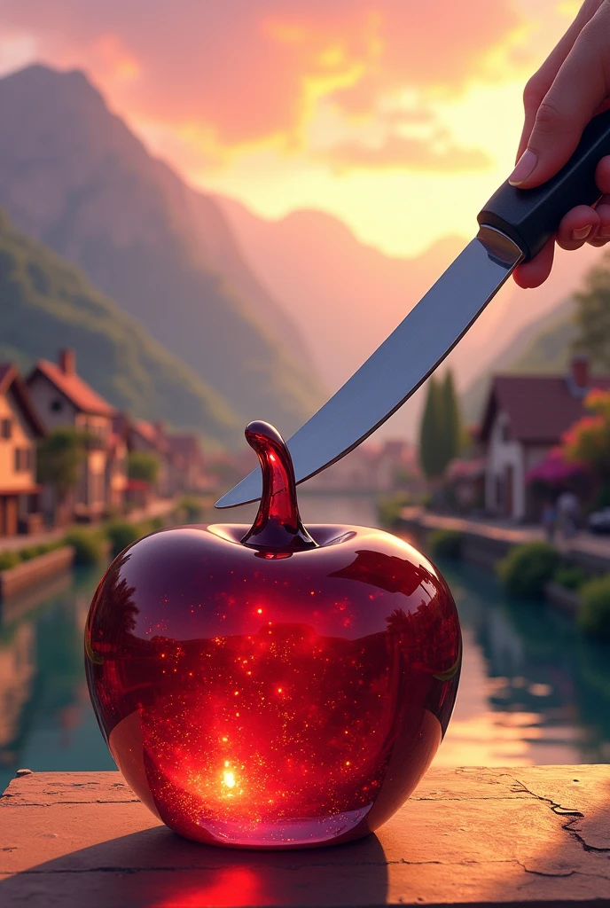 A small village by the river, mountains in the background, floral ...