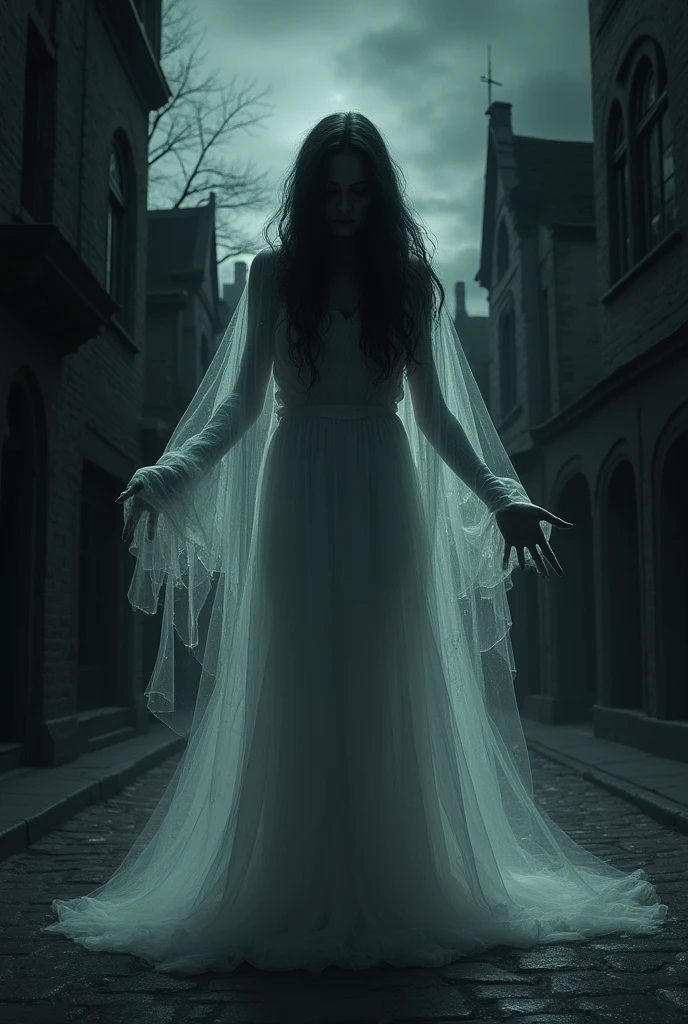 A spectral, ethereal figure of a woman, rendered as a wispy apparition ...