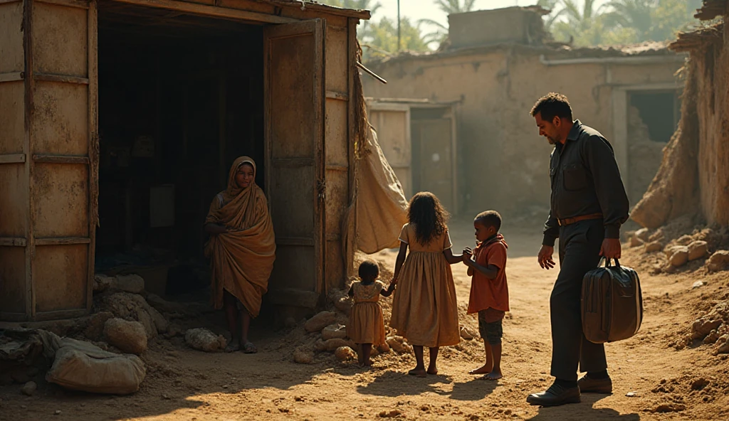 A poor woman, along with her three children—a young girl and two boys ...