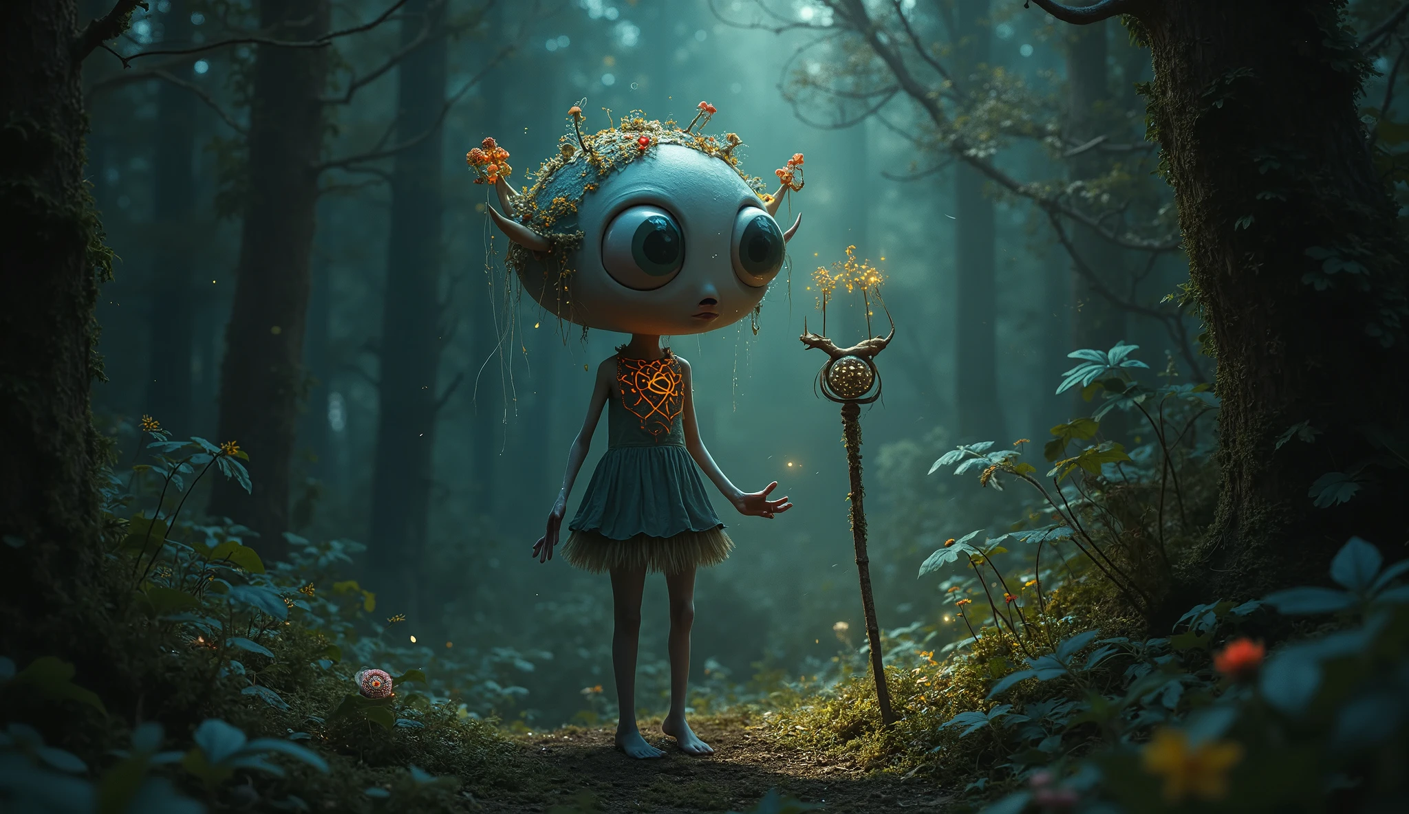 In a dimly lit, enchanted forest glade, a female shy sorcerer stands at ...