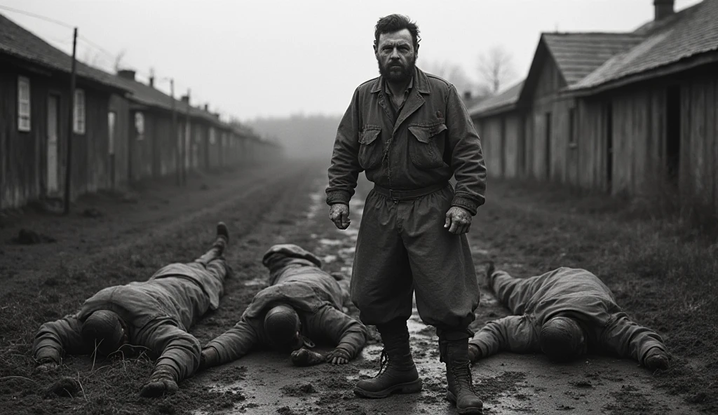 A tense black and white 1940s documentary-style photograph capturing ...