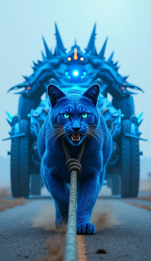 A fierce blue cat charges down the highway, muscles rippling beneath ...