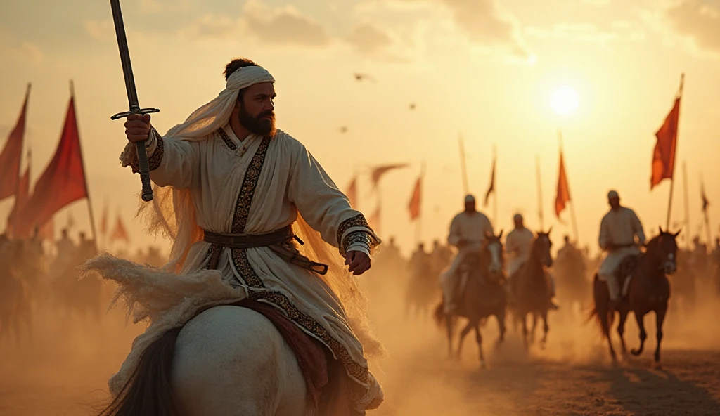 Sultan Alp Arslan fighting on the battlefield, wearing traditional ...