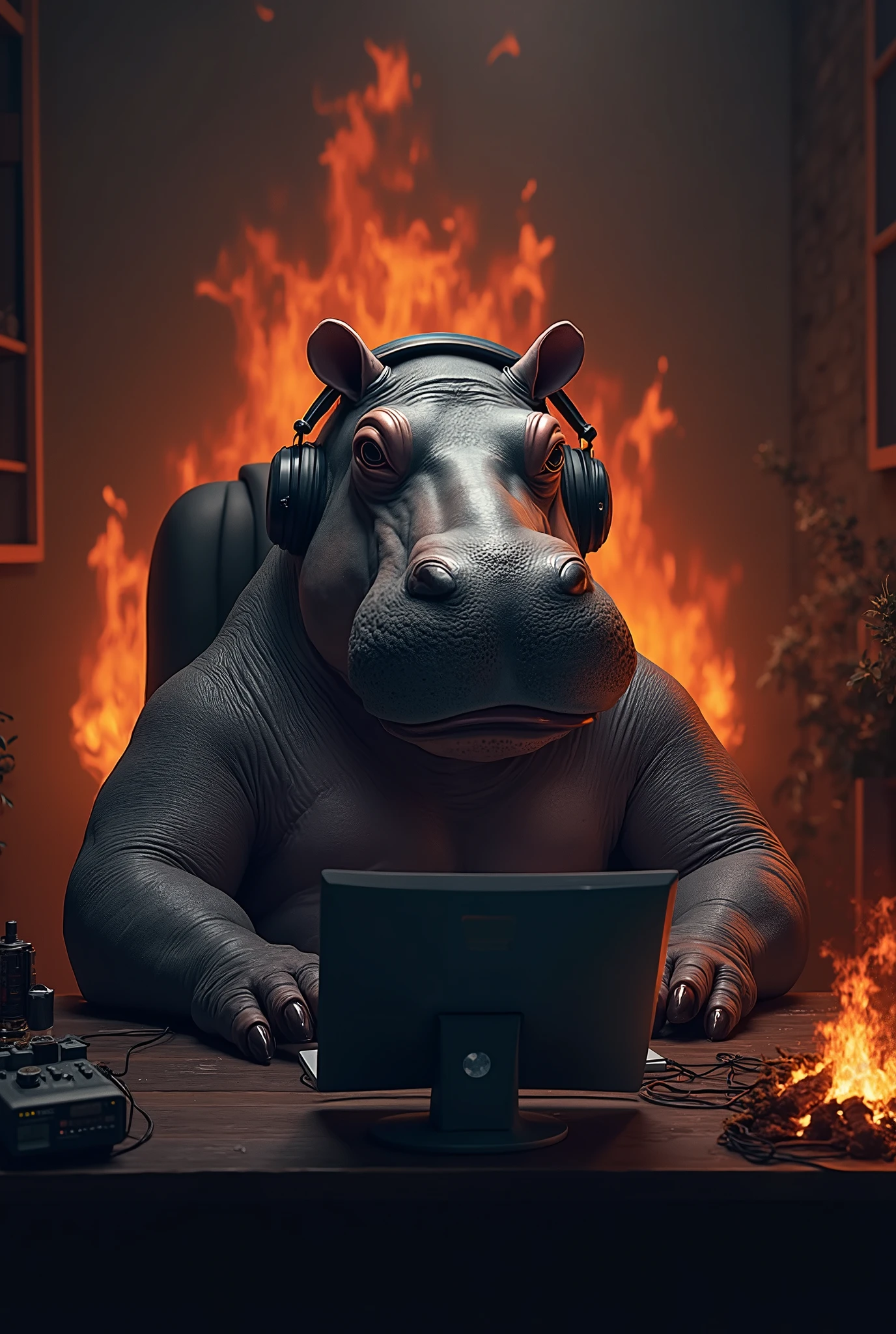 Make a hippopotamus sitting in a game room behind a computer - SeaArt AI