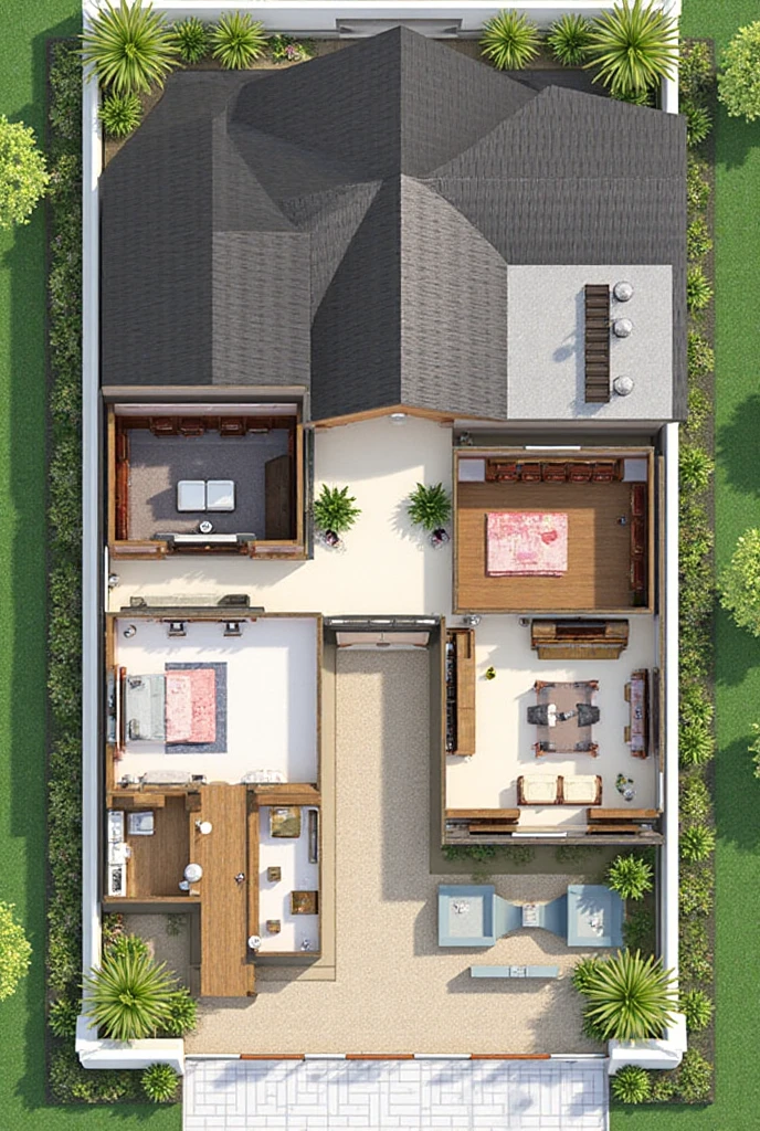 Generate a 3D realistic bungalow on a ¼ acre (100x100 ft / 25x50 m ...