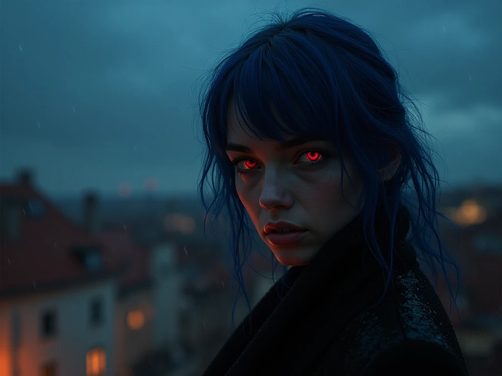 Was humiliated, with neatly styled blue hair, penetrating red eyes ...