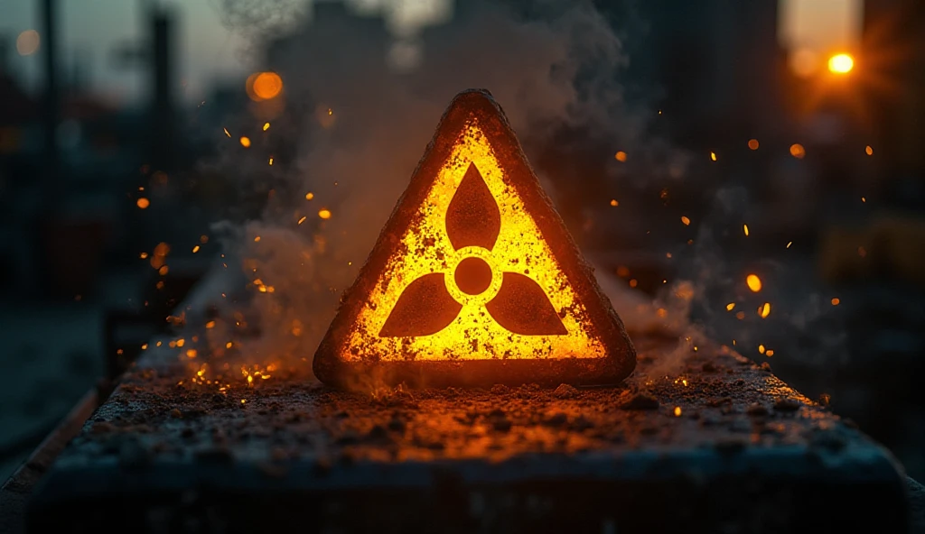 A dramatic close-up of a glowing hazard warning sign ⚠️ on a weathered ...