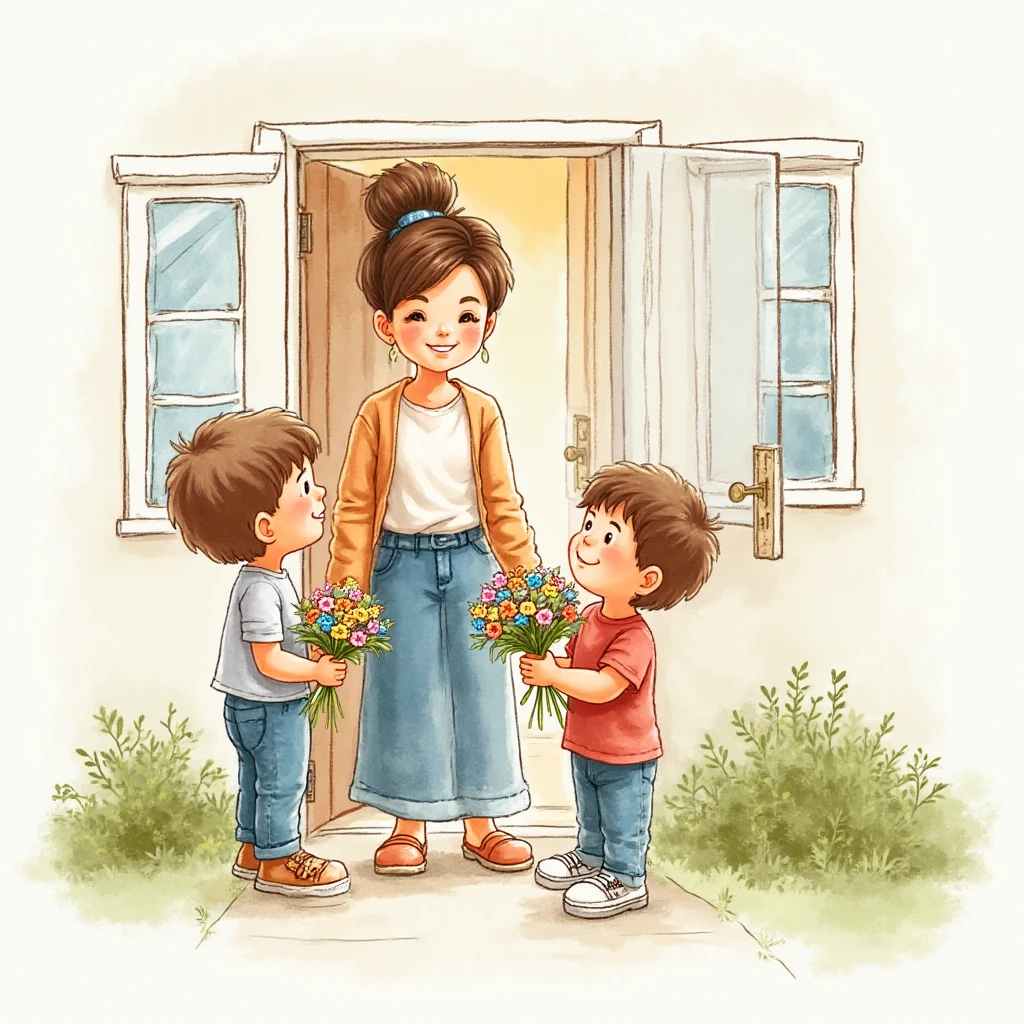 A simple schoolbook-style drawing for a mother opens the front door of ...