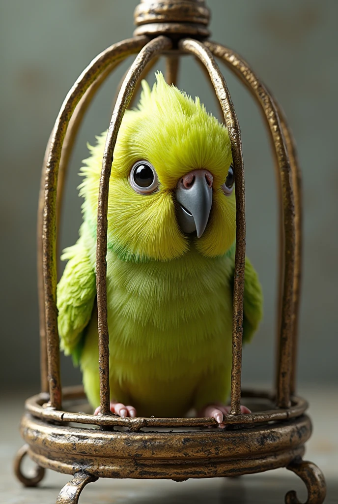 A photorealistic 3D render of a charming lime-themed baby parrot in a ...