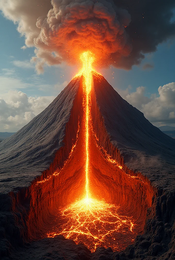 A hyper-realistic cross-sectional volcanic eruption diagram in ...