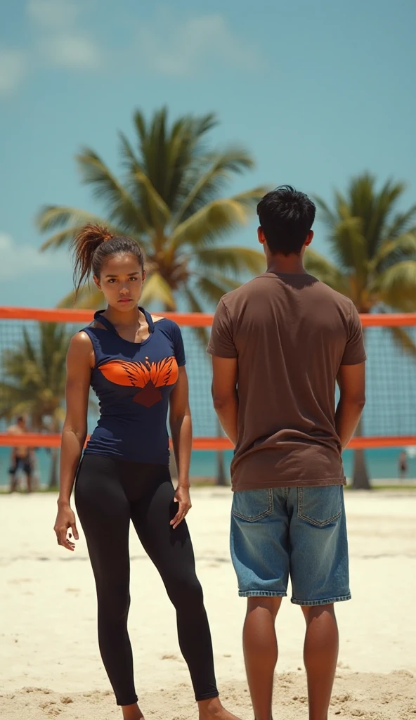 An Indonesian female bodybuilder bunned haired, wears navy blue - SeaArt AI