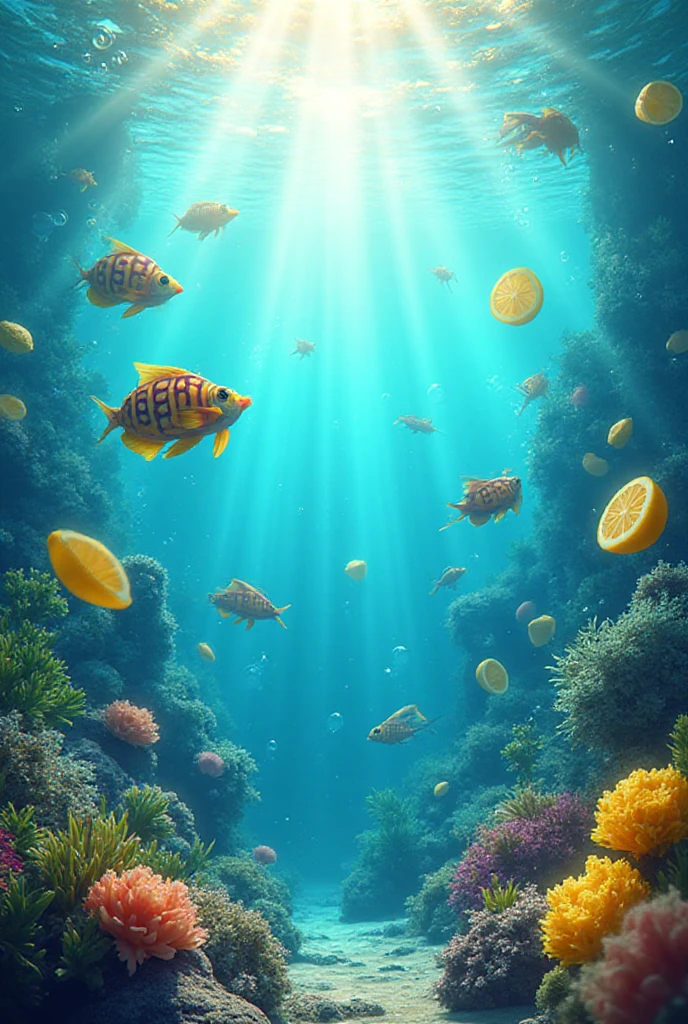 Underwater, bubbles floating, tropical fish swimming, lemons and hops ...