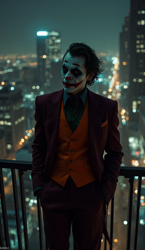 Realistic scene of a man resembling the Joker standing on a high ...