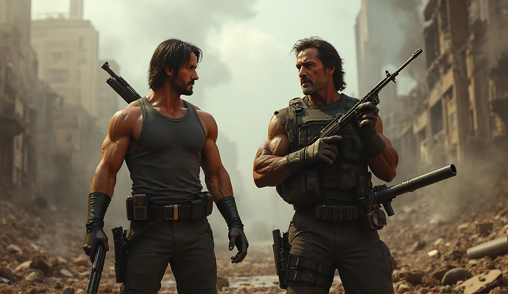 Keanu Reeves and Sylvester Stallone in Expendables movie holding gun ...