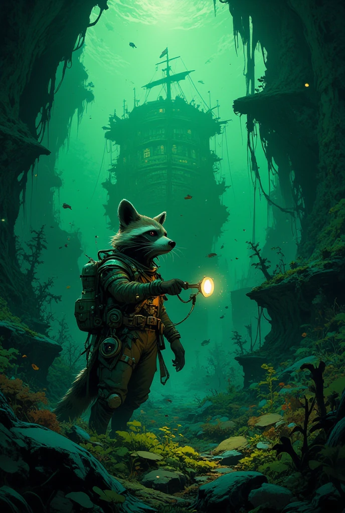 Emerald green underwater world, x} a raccoon marine biologist in a ...