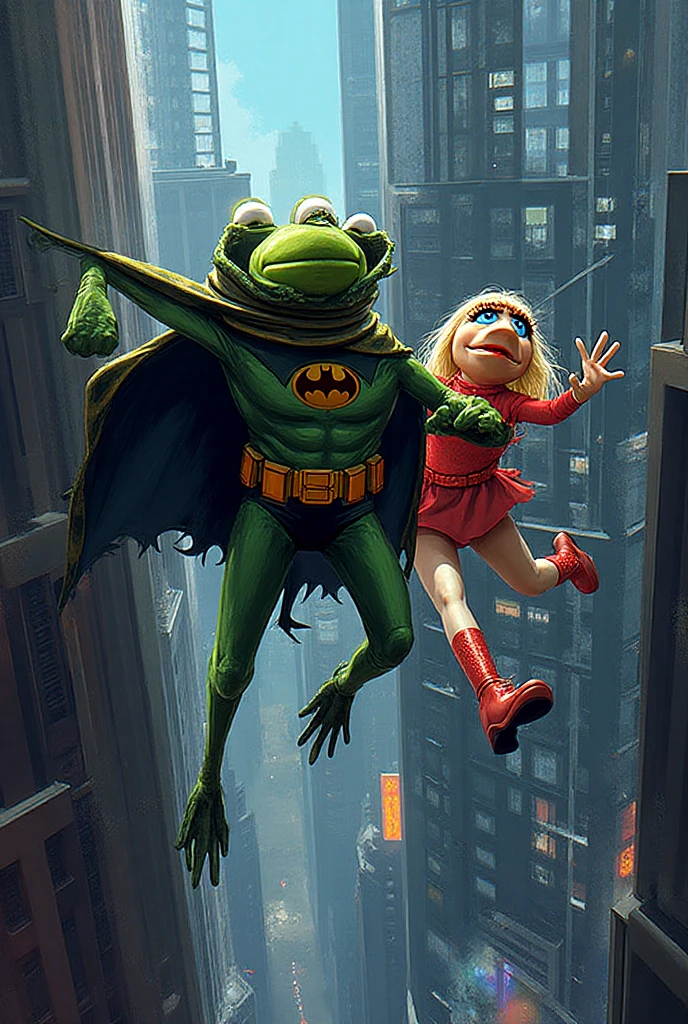Create a picture with Kermit the Frog in a Batman costume who rescues ...