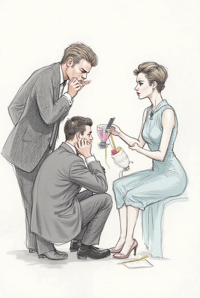 A sketch of three characters trapped in a conversation. Character 1 ...