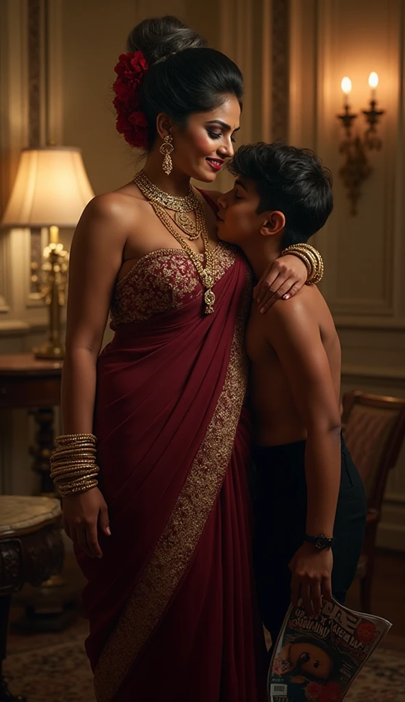 The scene unfolds in a grand, opulent study room with warm, soft ...
