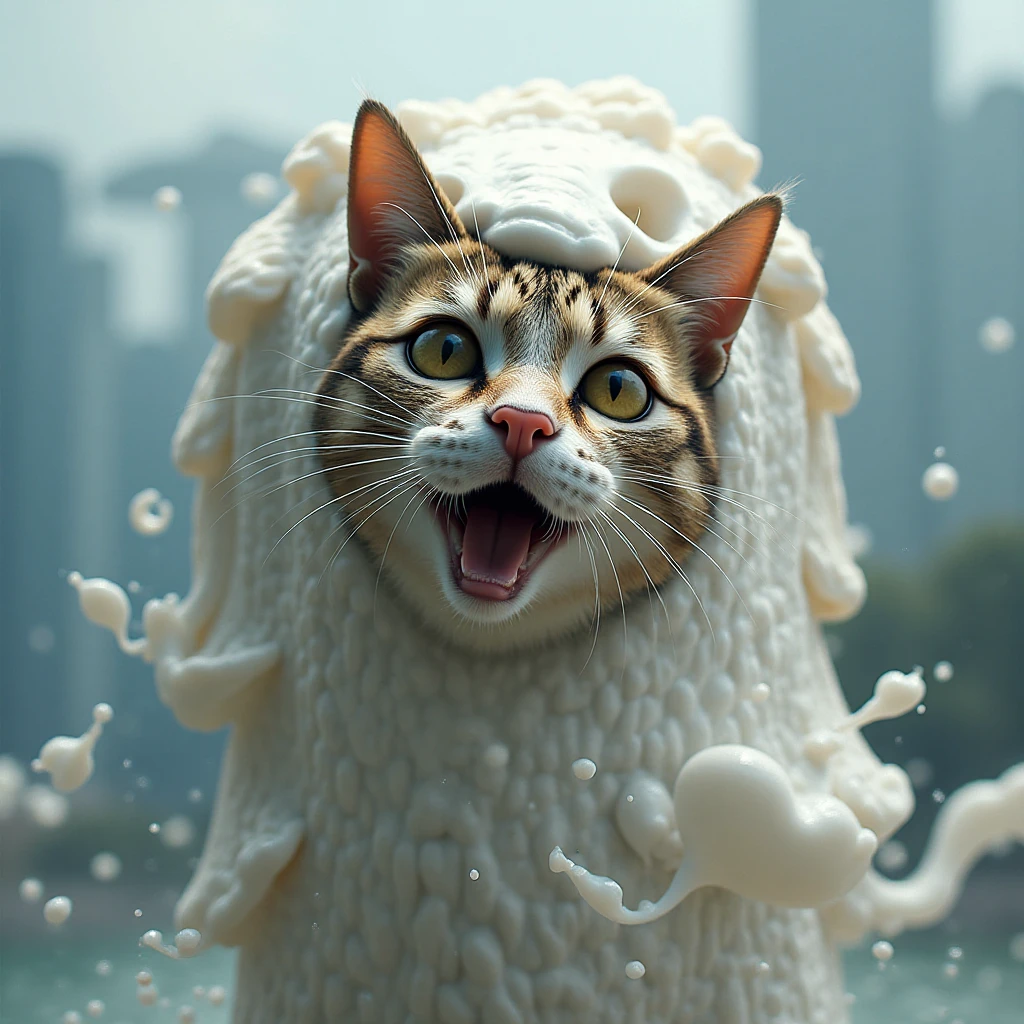 A real cat with only its head sticking out of the Merlion realismo ...